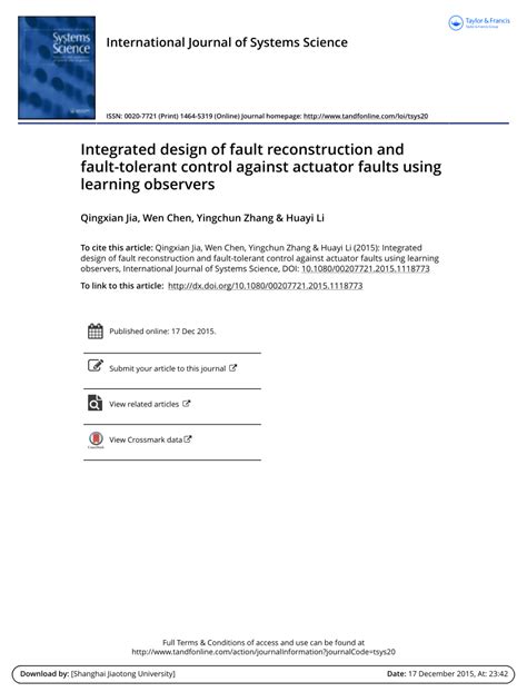 Pdf Integrated Design Of Fault Reconstruction And Fault Tolerant