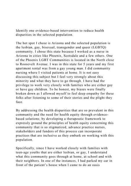 Identify One Evidence Based Intervention To Reduce Health Dispar Docx Debated Sensitive Social