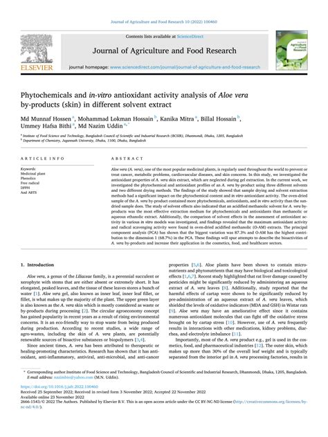 Pdf Phytochemicals And In Vitro Antioxidant Activity Analysis Of Aloe Vera By Products Skin