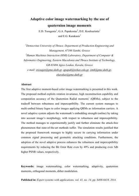 Pdf Adaptive Color Image Watermarking By The Use Of Quaternion Image