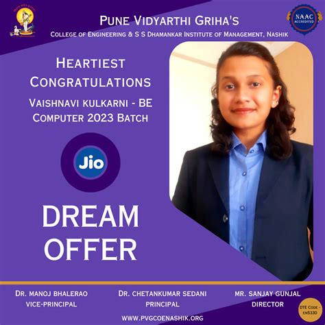 Heartiest Congratulations Vaishnavi Kulkarni Got Placed In Jio Pvgs College Of Engineering
