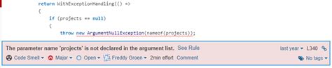 false positive on c s3928 parameter names used into argumentexception