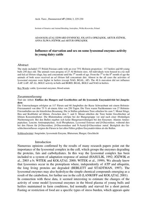 Pdf Influence Of Starvation And Sex On Some Lysosomal Enzymes Activity In Young Dairy Cattle