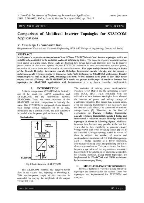 Pdf Comparison Of Multilevel Inverter Topologies For Statcom Applications Ijera Journal