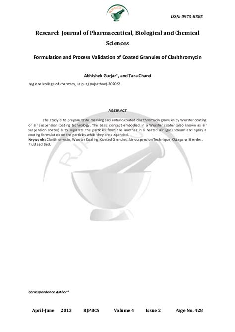 Pdf Formulation And Process Validation Of Coated Granules Of Clarithromycin