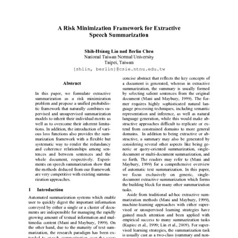 A Risk Minimization Framework For Extractive Speech Summarization Acl Anthology