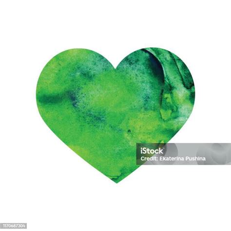 흰색 배경에 고립 된 수채화 녹색 심장 생태 개념 자연의 보호 숲과 식물의 사랑 지도 인쇄 아이콘 텍스트 레이블 아이콘에 대한 젖은 페인트 브러시 항목 건강관리와 의술에