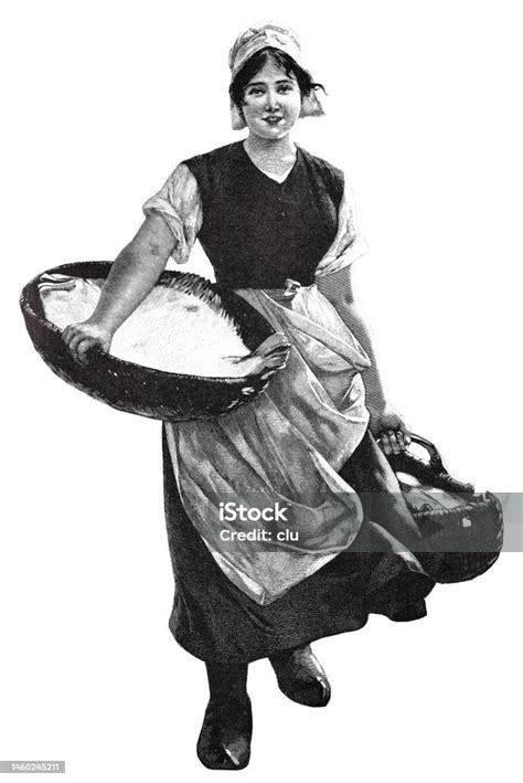 Jeune Poissonneuse Hollandaise Avec Grand Panier Plat Rond Avec Des