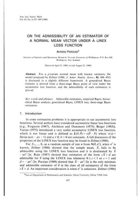Pdf On The Admissibility Of An Estimator Of A Normal Mean Vector Under A Linex Loss Function