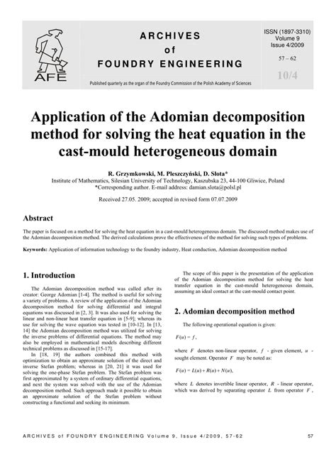 Pdf Application Of The Adomian Decomposition Method For Solving The Heat Equation In The Cast