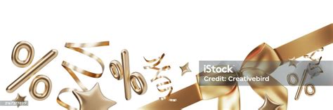 떠 다니는 황금 백분율 기호 별 리본 및 활이 있는 우아한 바닥글 흰색 배경에 고립되어 있습니다 특별 제안 및 할인 현대적인 테두리 시트의 맨 아래입니다 전경 3d 렌더링