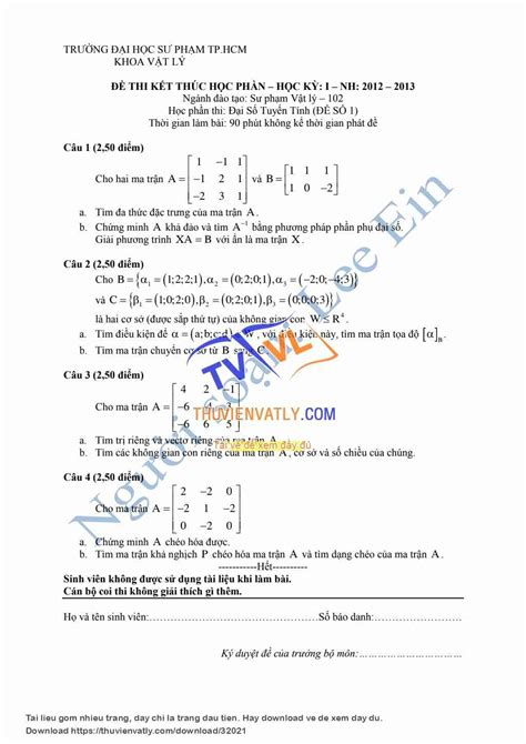 [pdf] Đề Thi Đại Số Tuyến Tính 2012 2013 Khoa Vật Lý Hcmup 1 Trang Thư Viện Vật Lý