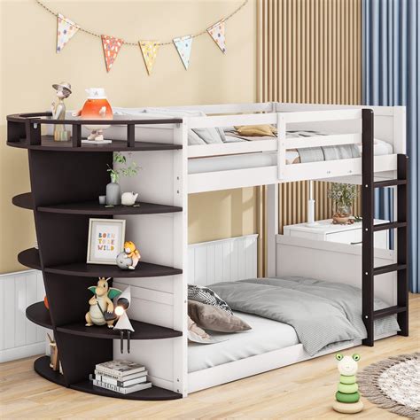 Kacho Bunk Bed Twin Over Twin With Storage Shelves Wooden Bunk Bed