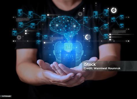 Ai 상징적 기계 학습 미래 기술의 인공 지능의 뇌를 만지는 남자 비즈니스 분석 혁신 및 비즈니스 성장 개발에 대한 두뇌의 Ai