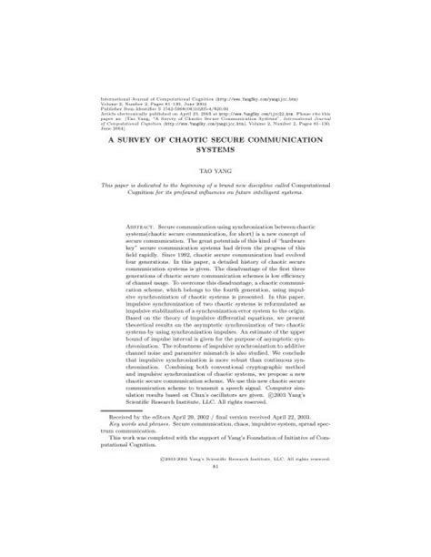 A Survey Of Chaotic Secure Communication Systems Yangs