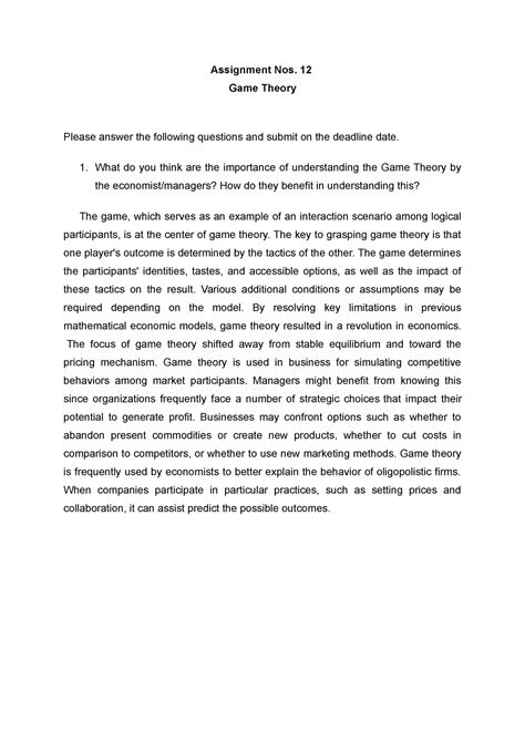 Assignment Nos 12 Assignment Nos 12 Game Theory Please Answer The Following Questions