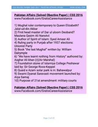 Css Solved Papers Pakistan Affairs Mcqs PDF