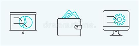 Set Line Computer Monitor With Graph Chart Board And Wallet Stacks