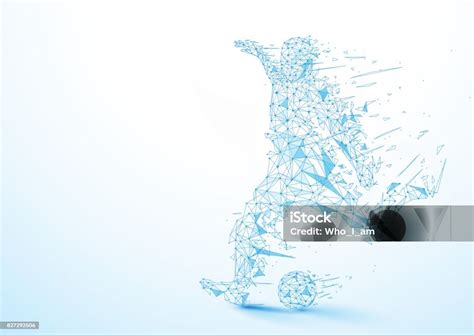 추상 낮은 다각형 축구 선수 발로 부드러운 파란색 배경에 볼 와이어 메쉬 실루엣에 대한 스톡 벡터 아트 및 기타 이미지