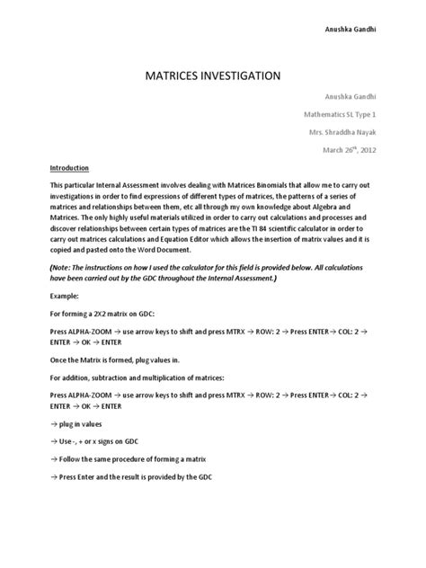 Matrices Investigation Pdf Matrix Mathematics Linear Algebra