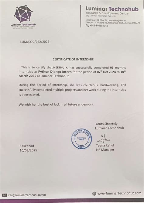 Im Happy To Share That I Have Successfully Completed My Internship At… Neethu K