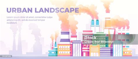 공중에 있는 산업용 굴뚝에서 연기 공장 도시 배경 심플한 모던 한 도시 경관 디자인 공장 대기 오염 환경 증기 파이프 플랫 스타일 벡터 Eps10 그림입니다 기후 변화에