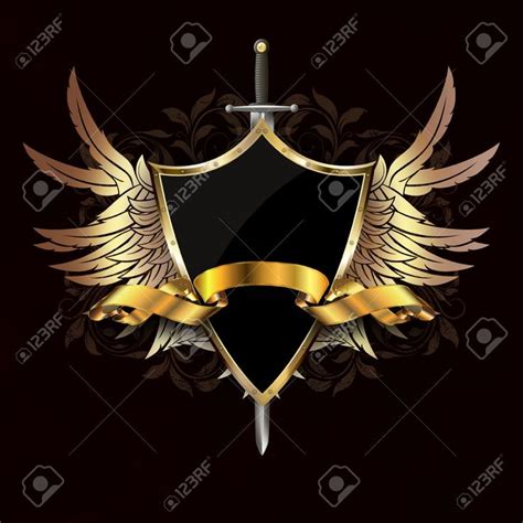 황금 날개 패턴 어두운 Grunge 배경에 골드 리본 및 검 중세 방패 로열티 무료 사진 그림 이미지 그리고 스톡포토그래피 Image 37894613 중세