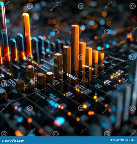 Digital 3d Bar Graph Illuminated Data Visualization On Dark Background Stock Illustration