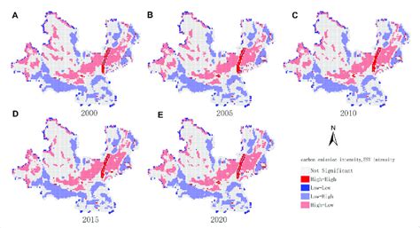 Bivariate Spatial Agglomeration Diagram A 2000 B 2005 C 2010