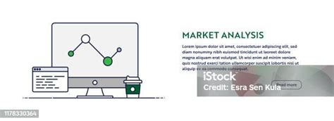 라인 컴퓨터 일러스트와 시장 분석 개념 데이터 차트 아이콘이 있는 웹 배너 포스터 전단지 및 브로셔 템플릿에 대한 최소한의