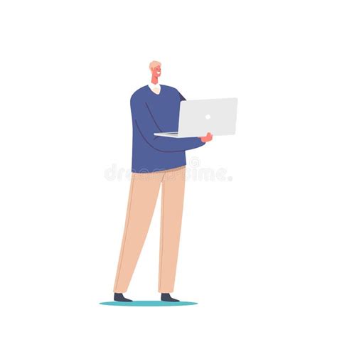 Male Character Standing With Laptop In Hands Isolated On White Background Freelancer