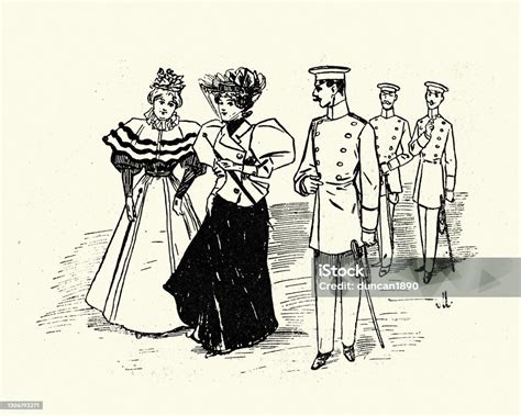 장교와 신사 두 명의 숙녀와 함께 걷고 독일 빅토리아 19 세기 아르누보에 대한 스톡 벡터 아트 및 기타 이미지 아르누보 일러스트레이션 1890 1899 년 Istock