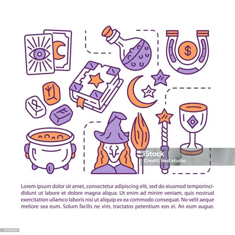 마술 기사 페이지 벡터 템플릿입니다 브로셔 잡지 선형 아이콘과 텍스트 상자소책자 디자인 요소 마녀 물약과 마법책 인쇄 디자인 텍스트 공간이 있는 개념 그림 개념에 대한 스톡