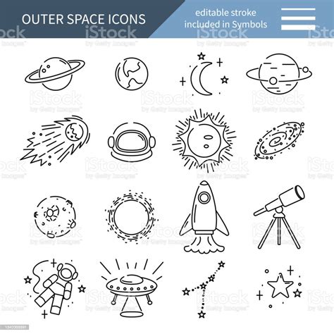 공간 아이콘 세트 천문학 기호와 행성의 미니멀 한 컬렉션 벡터 일러스트 망원경에 대한 스톡 벡터 아트 및 기타 이미지 망원경