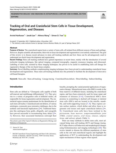 Tracking Of Oral And Craniofacial Stem Cells In Tissue Development Regeneration And Diseases