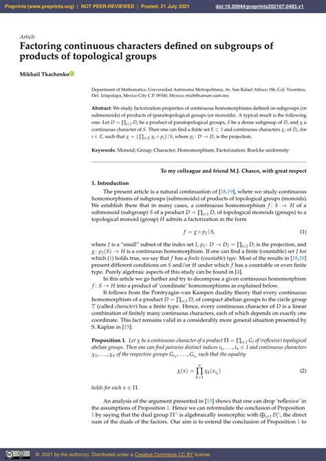 Pdf Factoring Continuous Characters Defined On Subgroups Of Products