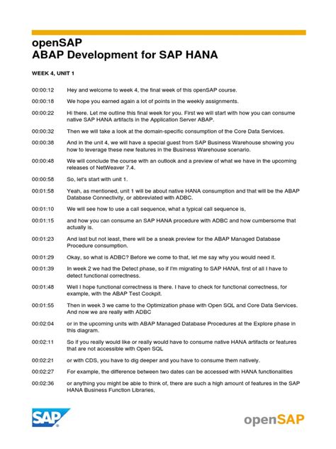 Opensap A4h1 Week 04 Transcripts Pdf Sql Databases