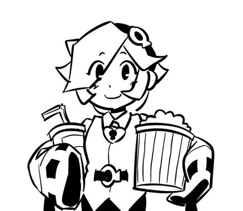 A Black And White Drawing Of A Cartoon Character Holding A Cup With Popcorn In It