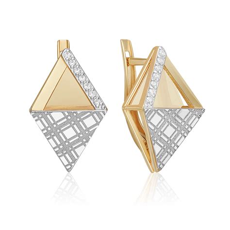 Серьги с принтом Клетка из комбинированного золота с фианитами 02