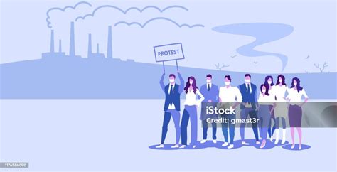 가면을 쓴 사람들이 시위 현수막 간판 을 들고 있는 남성 여성 군중이 자연 대기 오염 플랜트 파이프 오염 환경 배경 스케치 수평 전체 길이에 항의하는 군중 공장 산업 건물에