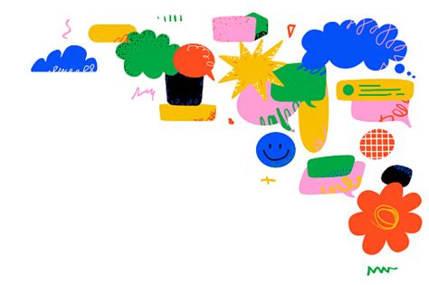 모서리에 다양한 말풍선과 모양이 있는 다채롭고 추상적인 배경 커뮤니케이션 대화 및 아이디어 교환 주제를 위한 디자인 템플릿입니다 0명에 대한 스톡 벡터 아트 및 기타 이미지