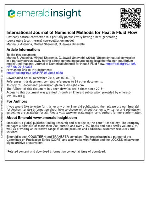 Pdf Unsteady Natural Convection In A Partially Porous Cavity Having A Heat Generating Source