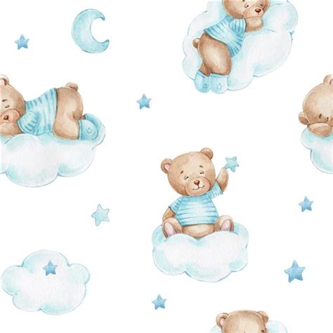 الگوی بدون درز با خرس های زیبا روی ابرهای آبی؛ تصویر کشیده شده با آبرنگ با زمینه سفید جدا شده