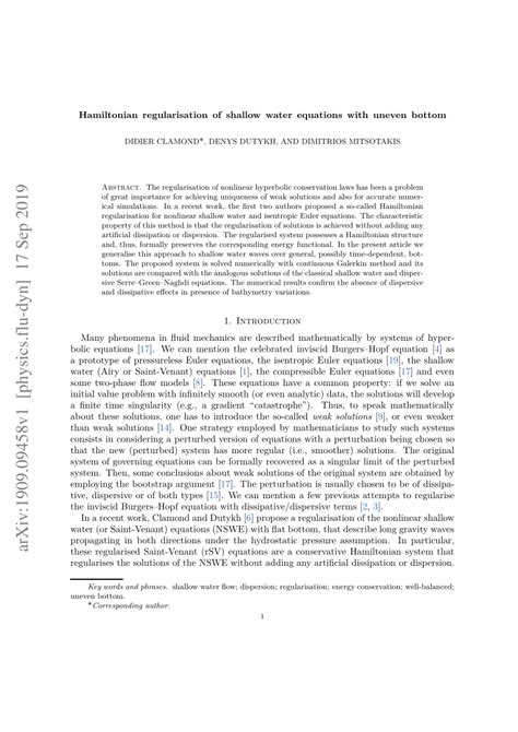 Pdf Hamiltonian Regularisation Of Shallow Water Equations With Uneven Bottom