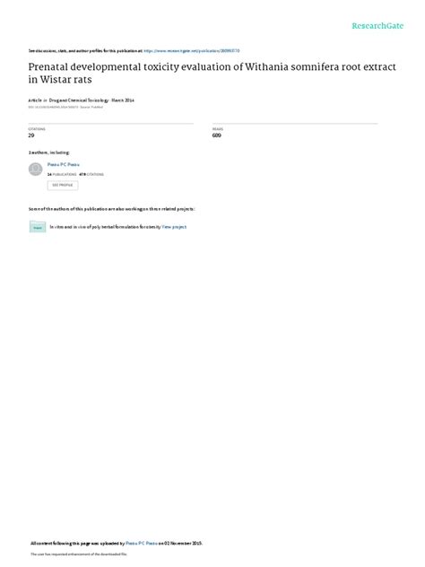 Prenatal Developmental Toxicity Evaluation Of Withania Somnifera Root Extract In Wistar Rats