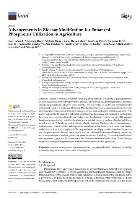 Pdf Advancements In Biochar Modification For Enhanced Phosphorus