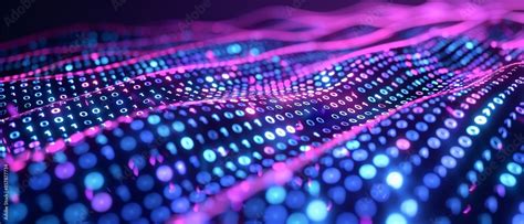 Neoncolored Data Streams Merging Into A Grid Of Binary Digits Dark