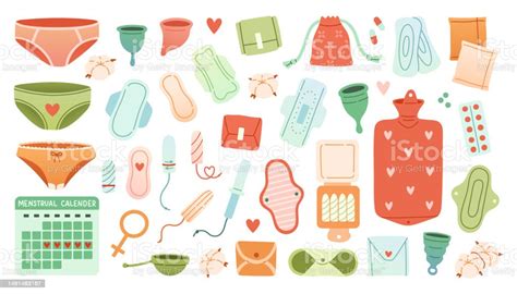 손으로 그린 생리 기간은 탐폰 패드 생리컵을 설정합니다 여성의 규칙적인 월경 주기 개념 월경 기간 월경 월경전 증후군 난소 벡터 일러스트레이션 월경에 대한 스톡 벡터 아트