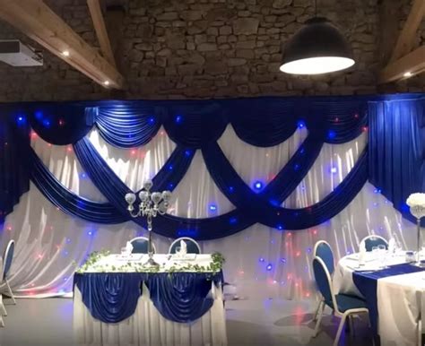 36m White Ice Silk Wedding Backdrops With Royal Blue Swag Stage Party