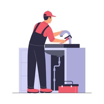 Plumber Fixing Sink Faucet In Kitchen Illustration Premium Vector